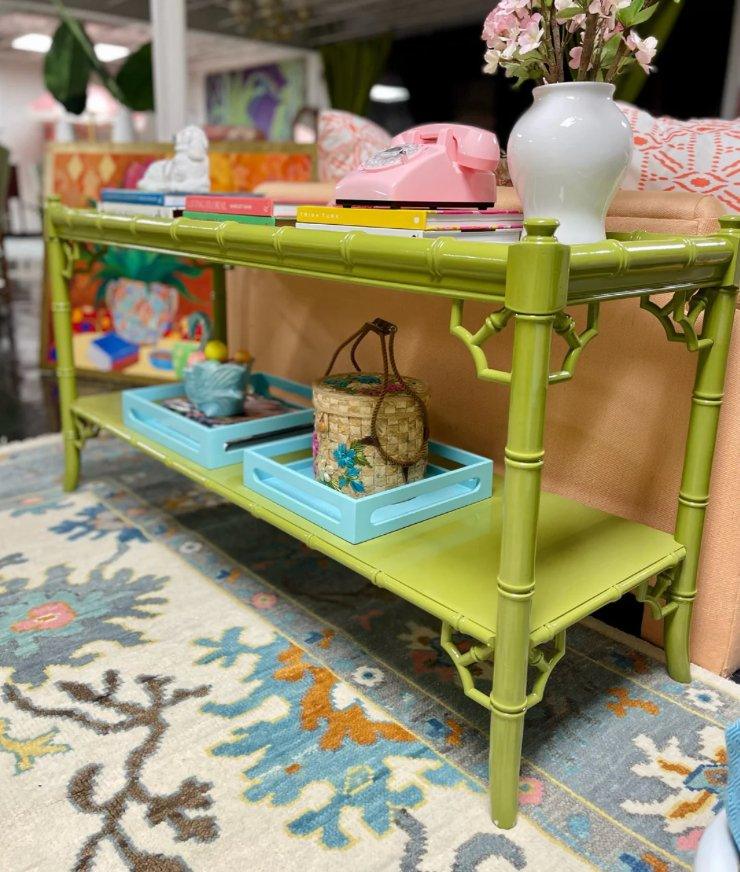 Two Tiered Faux Bamboo Console Table with Glass Top and Cane Shelf Available for Custom Lacquer Hibiscus House